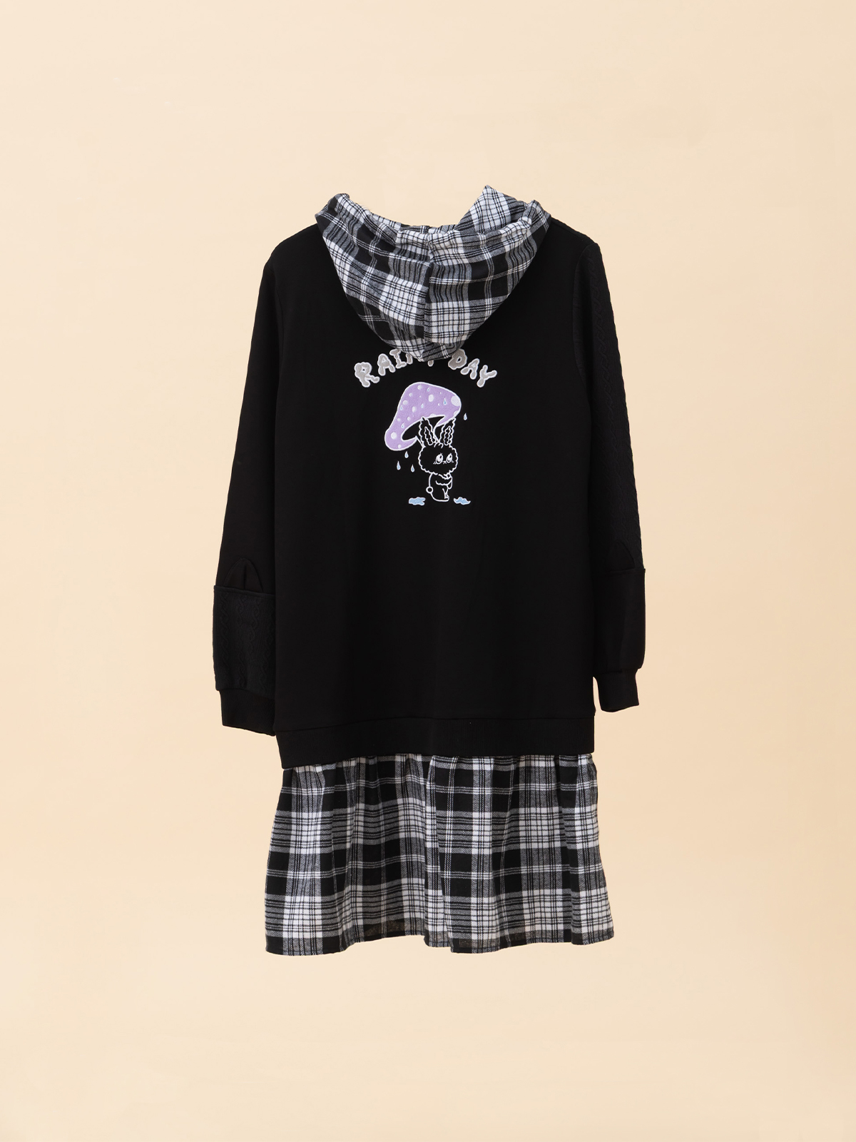 格紋拼接連帽洋裝