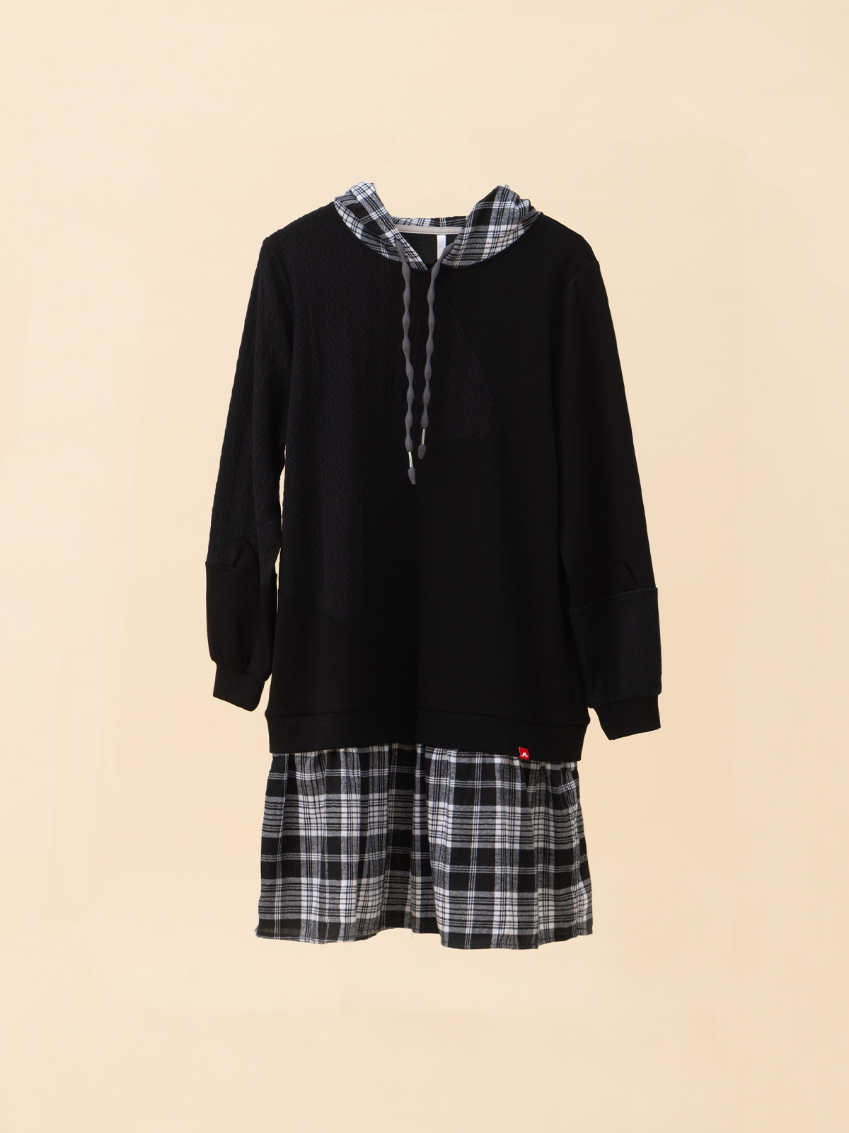 格紋拼接連帽洋裝