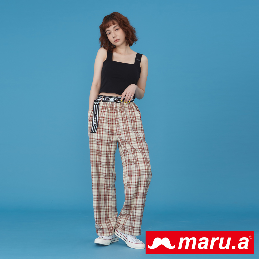 【maru.a】慵懶個性附造型腰帶蘇格蘭紋寬褲😎(2色)-紅色 23315219