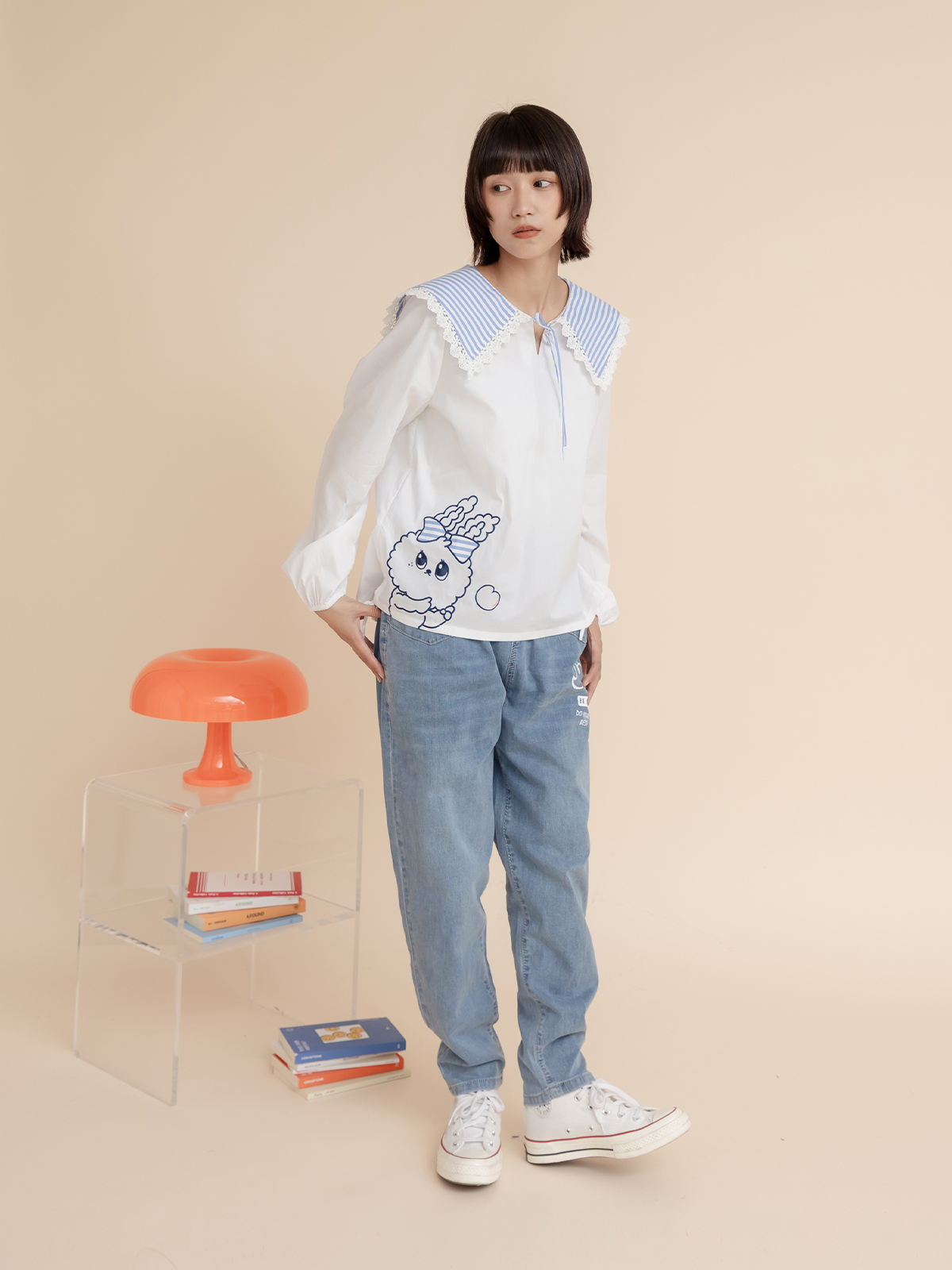 條紋立體荷葉滾邊造型襯衫