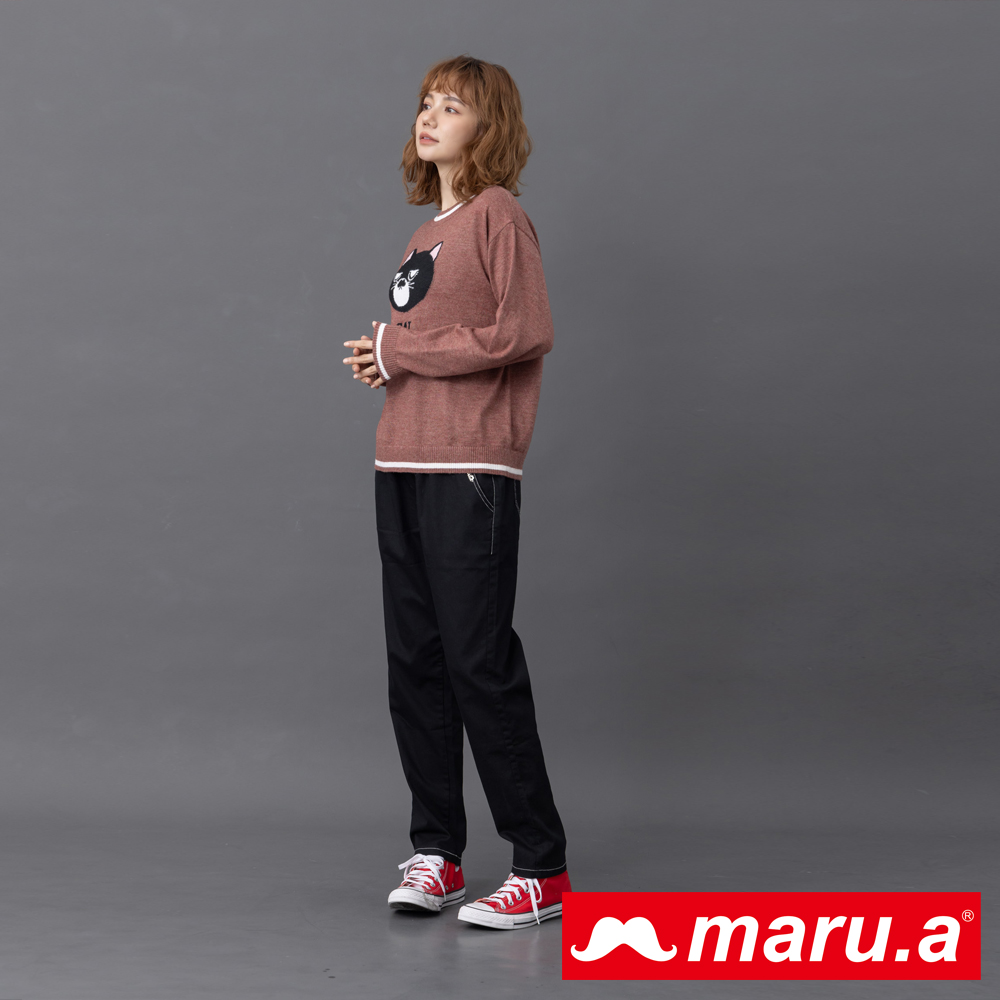 【maru.a】貓派女子🐱手繪miru撞色刺繡滾邊細針織上衣(2色)-紅色 23914218