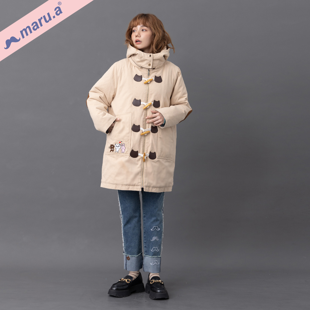 【maru.a】美拉德色系 棕色小熊牛角釦手繪刺繡鋪棉連帽大衣(2色)-卡其 29322212