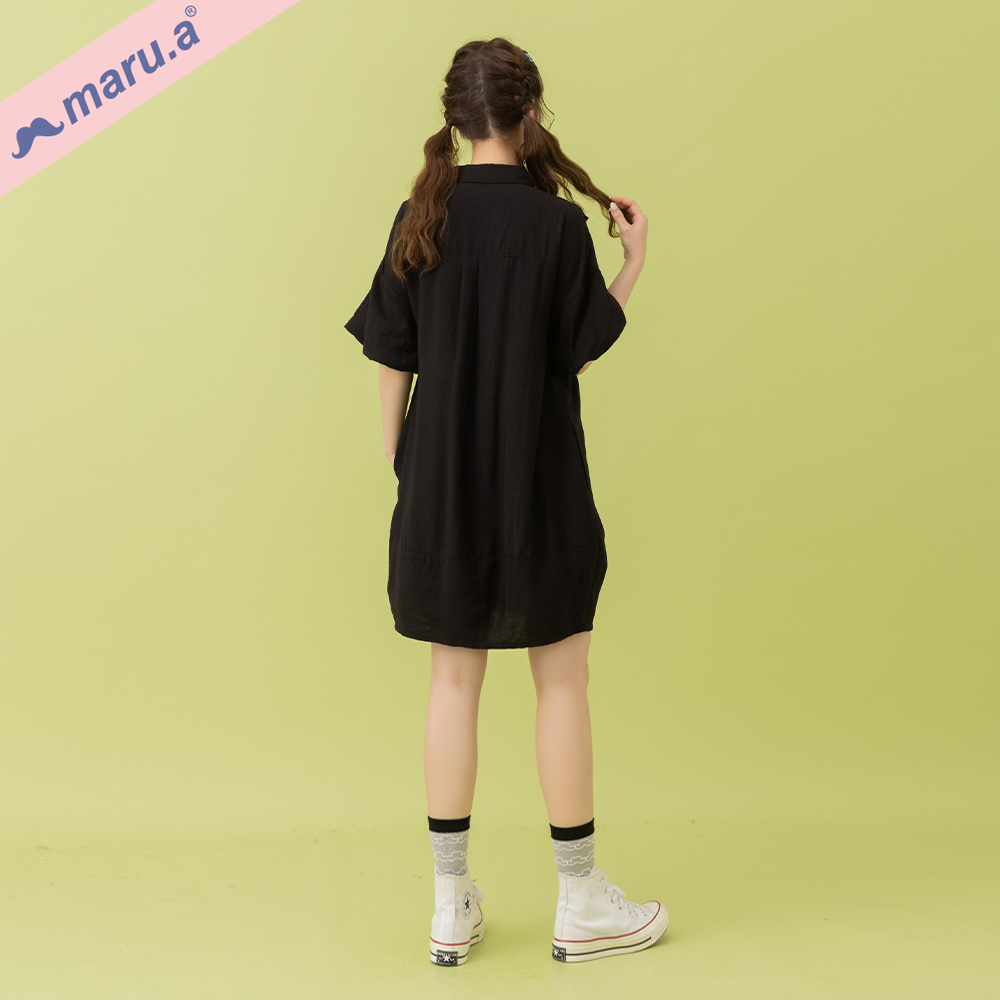 【maru.a】卡哇伊🌸日系波浪造型棉麻兩件式蓬袖氣球洋裝(2色)-黑色 25317116