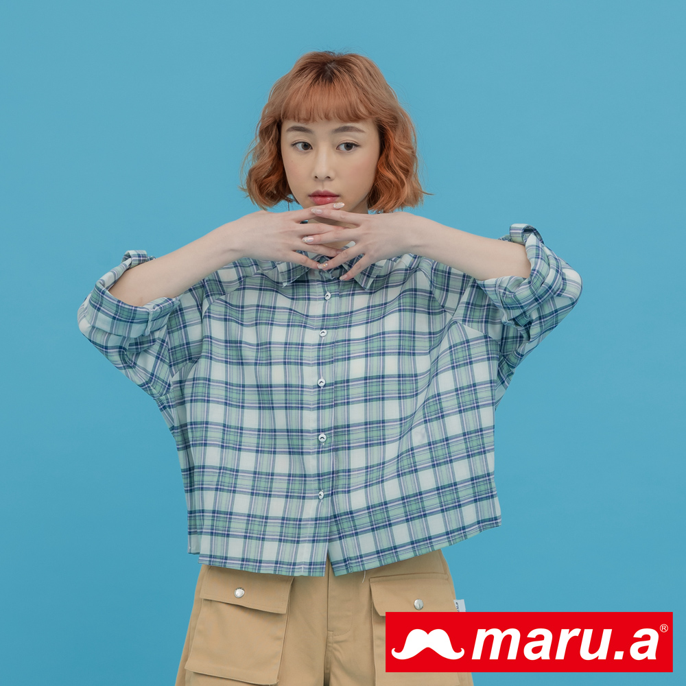 【maru.a】復古知性後拼接造型格紋襯衫(2色)-淺綠 23313115
