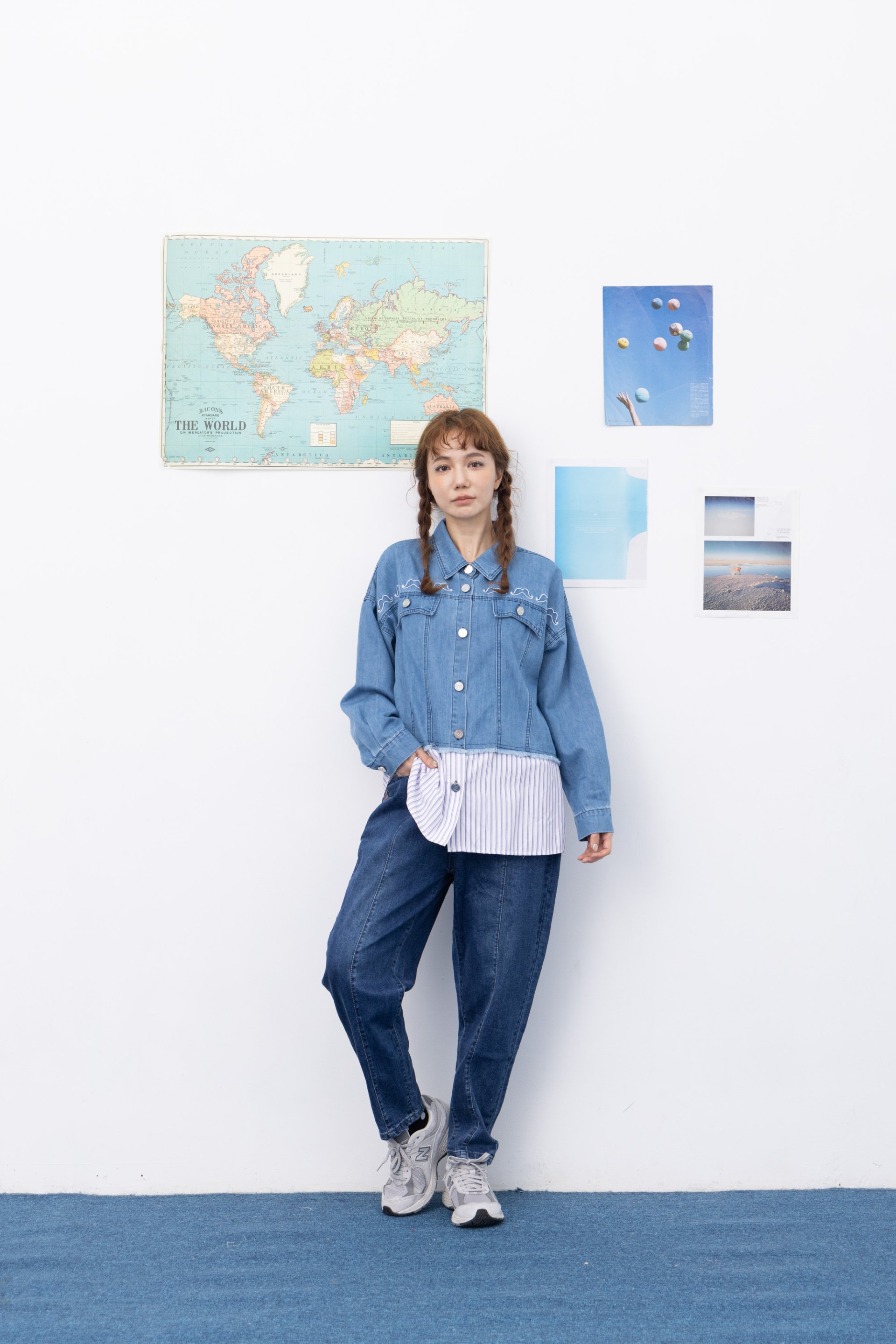 拼接丹寧貓趣刺繡襯衫