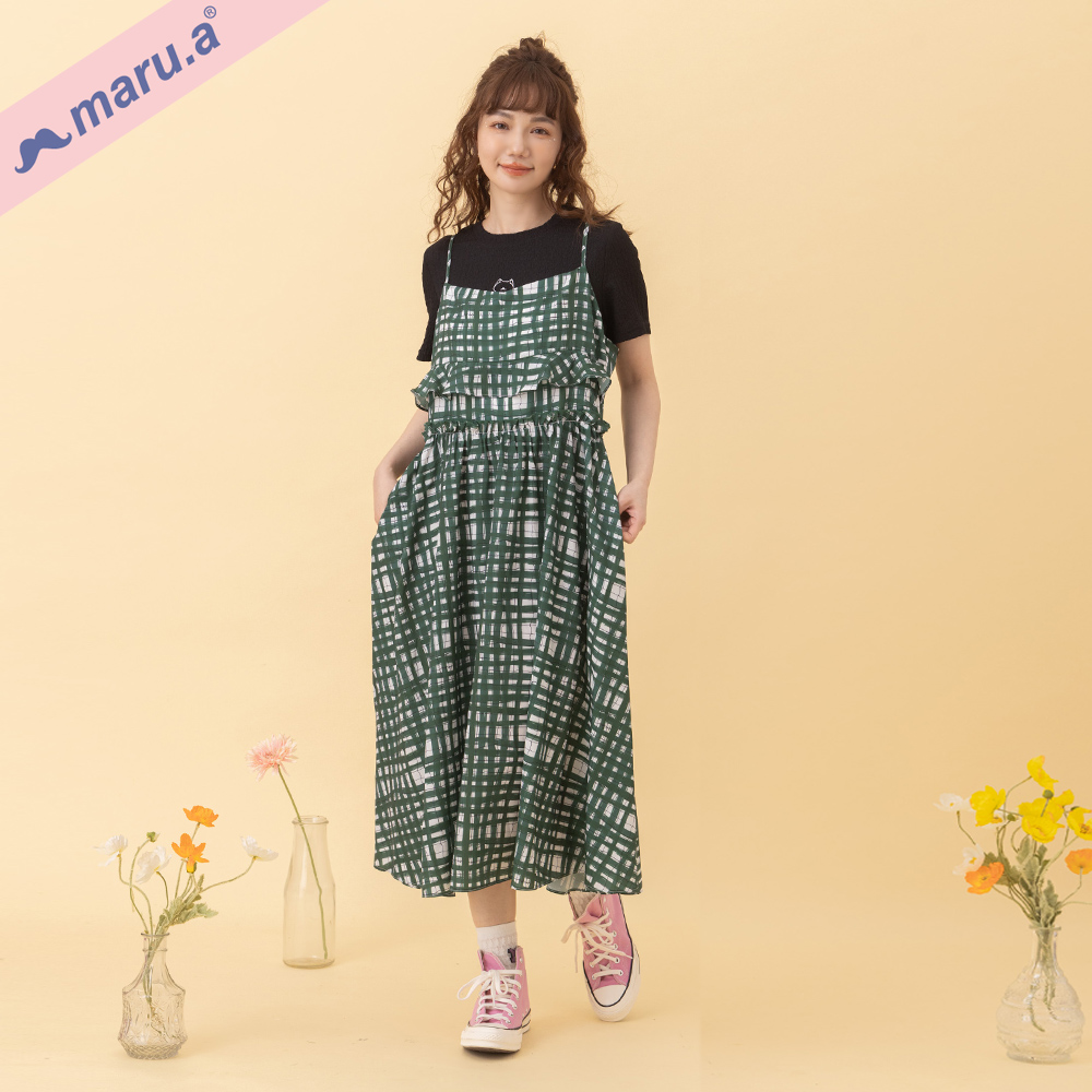 【maru.a】藝術線條感🖌️水彩格紋縮腰荷葉吊帶洋(2色)-深綠 24317118