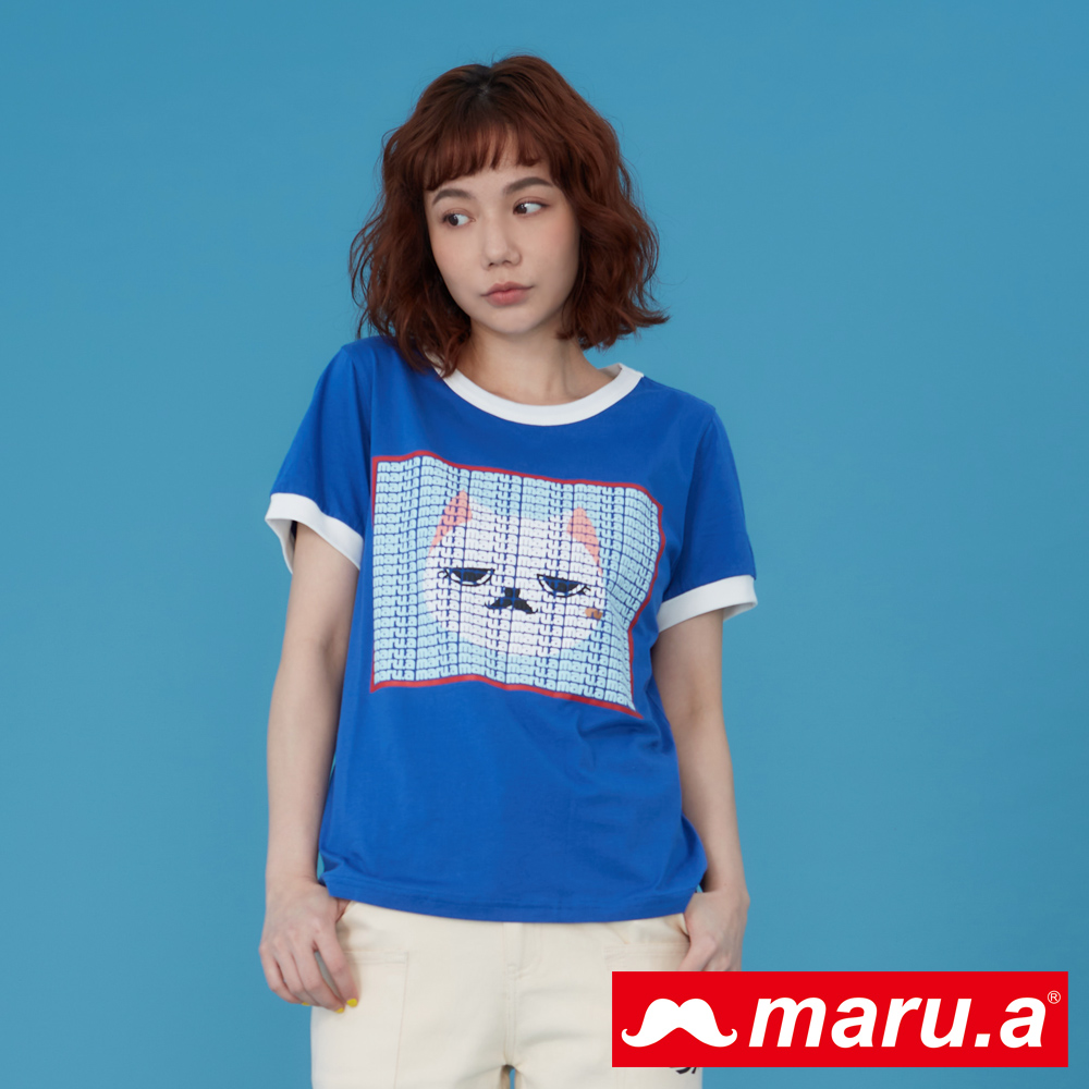 【maru.a】拼圖miru🧩搶眼立體印花撞色包邊棉T(2色)-深藍 23311219