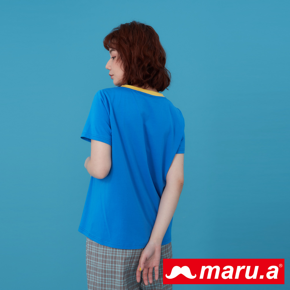 【maru.a】經典超級巨星🌟點陣風格刺繡撞色棉T(2色)-深藍 23321216