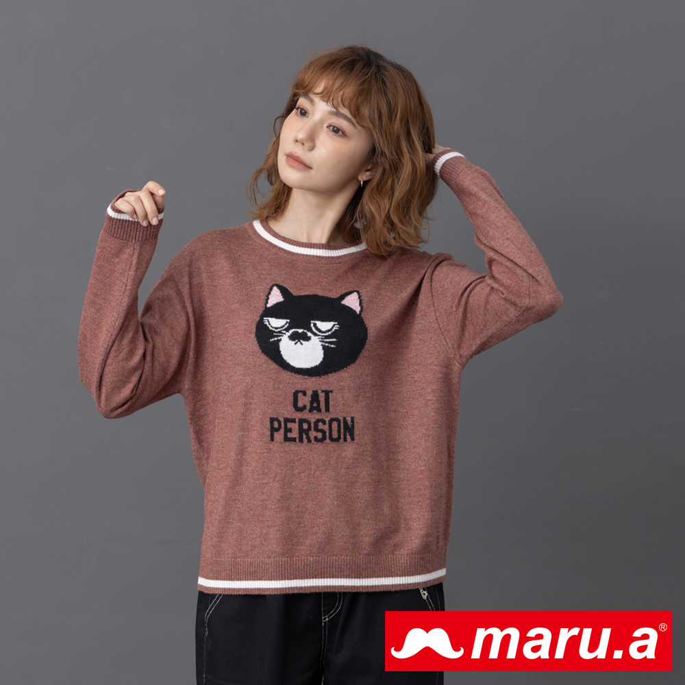 【maru.a】貓派女子🐱手繪miru撞色刺繡滾邊細針織上衣(2色)-紅色 23914218