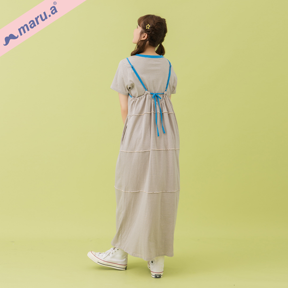 【maru.a】日系初戀感💟滾邊撞色細條紋木耳邊後綁結兩件式洋裝(2色)-米白 25317115