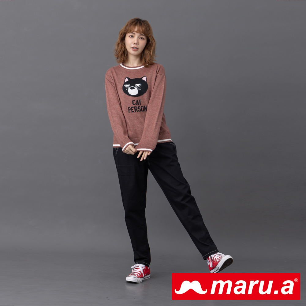 【maru.a】貓派女子🐱手繪miru撞色刺繡滾邊細針織上衣(2色)-紅色 23914218