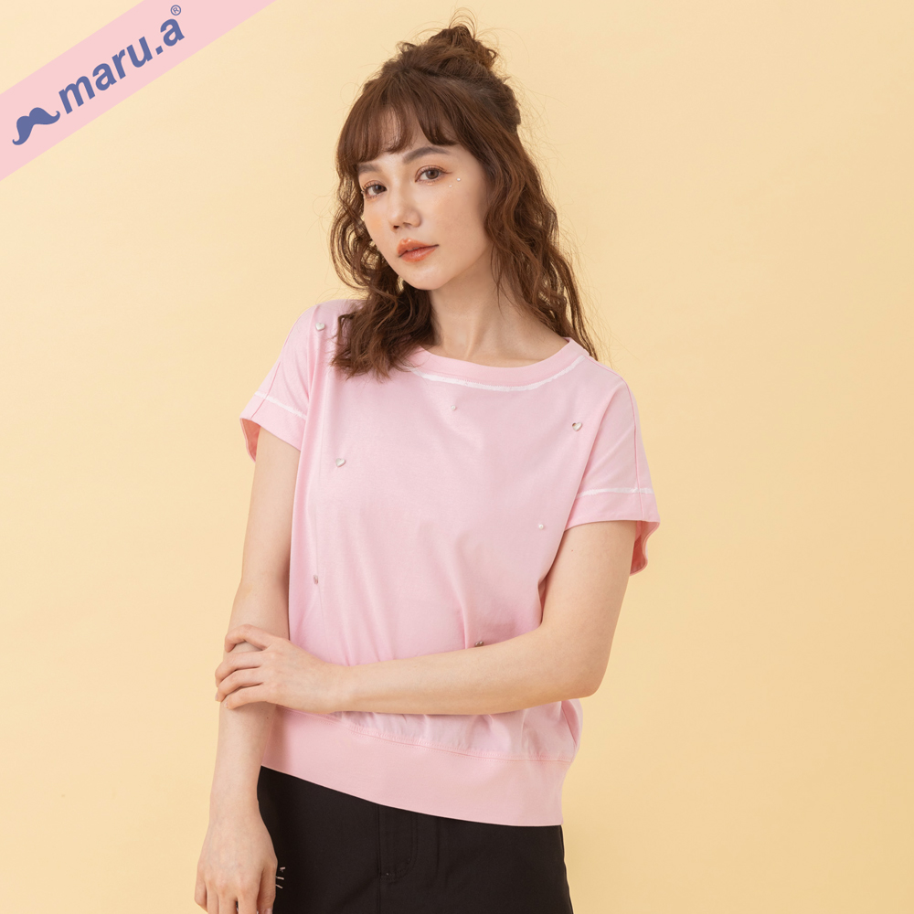 【maru.a】🎀珍珠小姐愛心釘珠線條滾邊造型上衣(2色)-淺粉 24311218