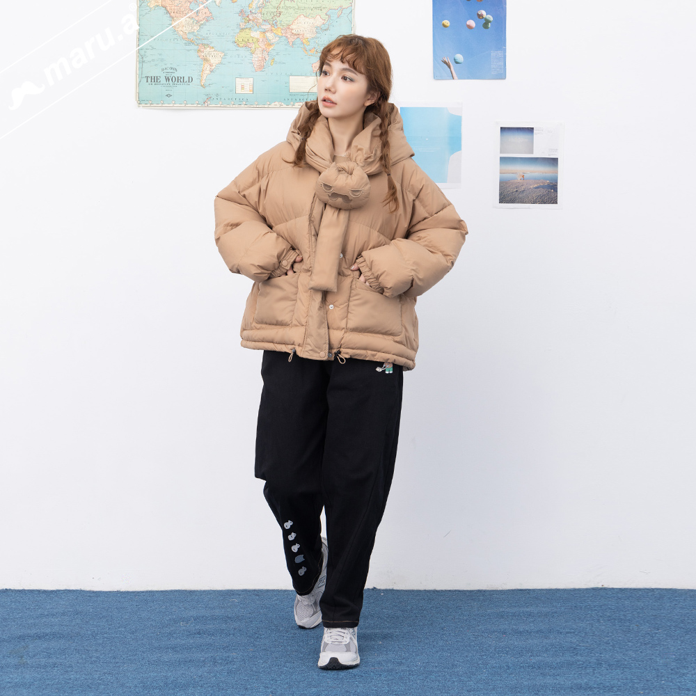 【maru.a】小饅頭miru😺可愛可拆式連帽圍巾鋪棉抽繩外套(2色)-駝色 24912215