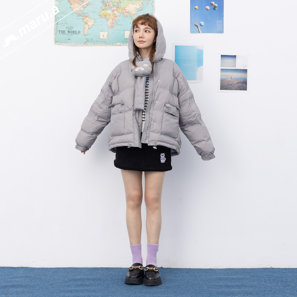 【maru.a】小饅頭miru😺可愛可拆式連帽圍巾鋪棉抽繩外套(2色)-淺灰 24912215