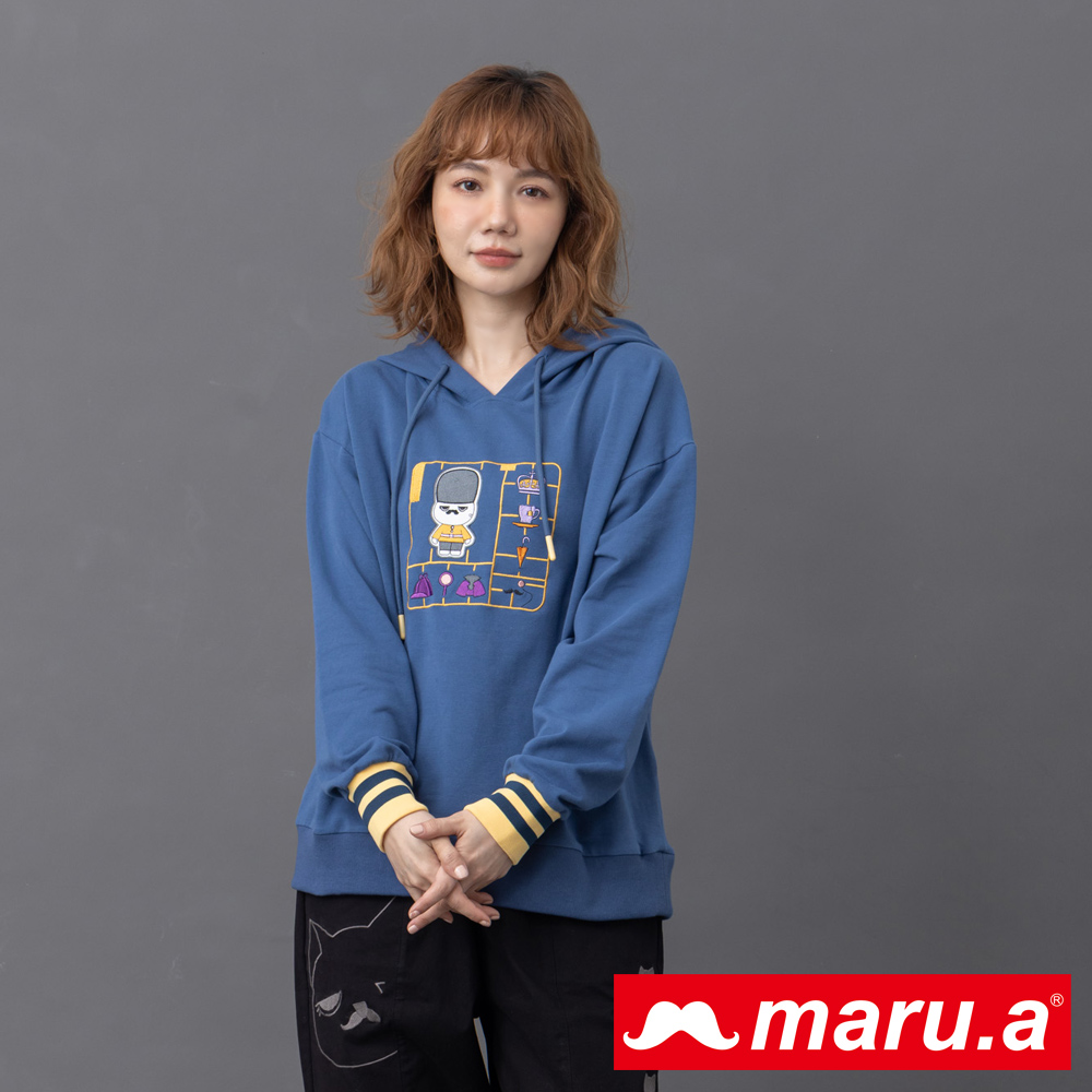 【maru.a】紙娃娃變裝miru😺手繪刺繡撞色滾邊連帽T(2色)-深藍 23931213