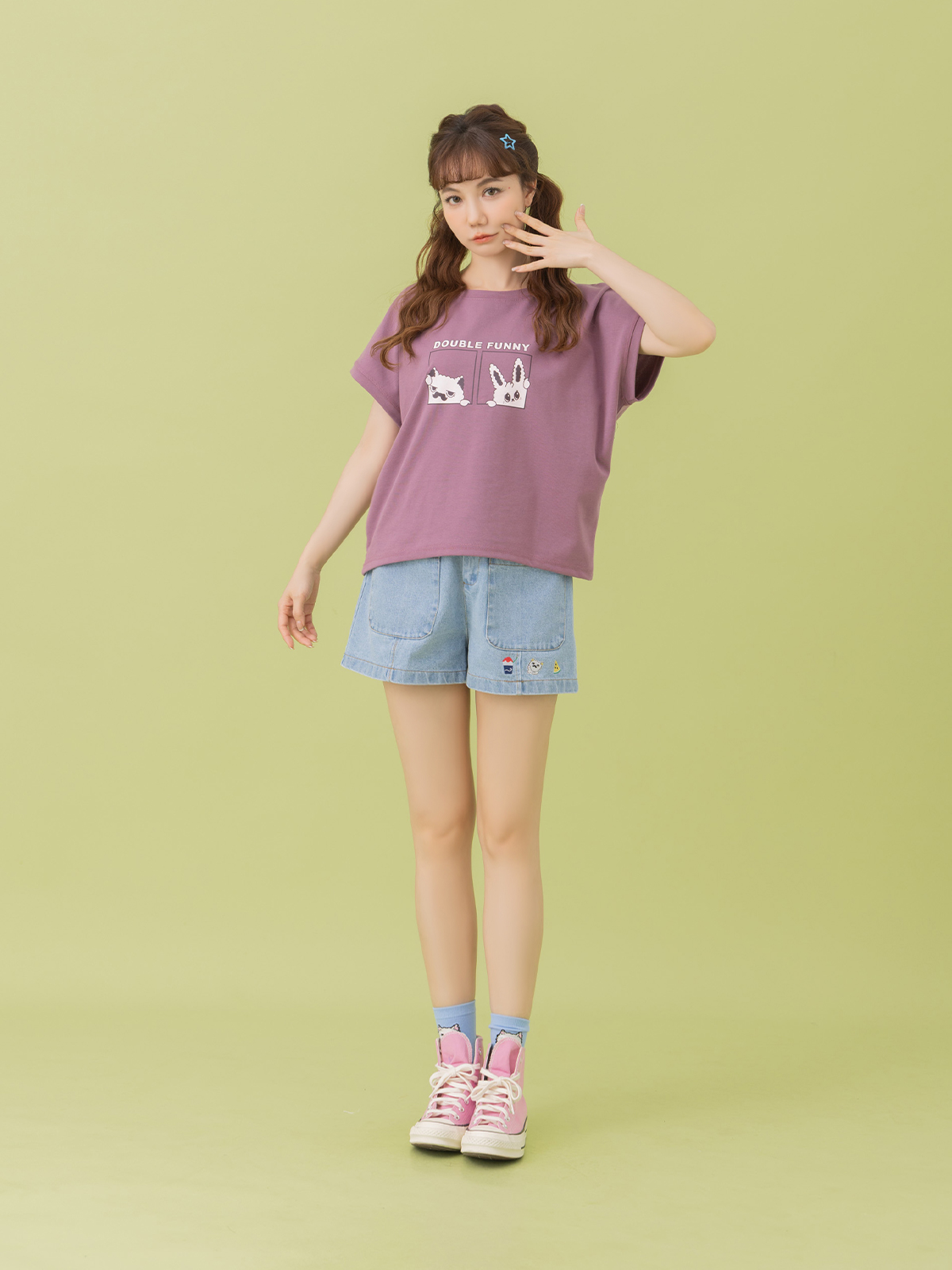 【maru.a】DOUBLE FUNNY😻可愛膠印斜切連袖上衣(3色)-深紫25341234