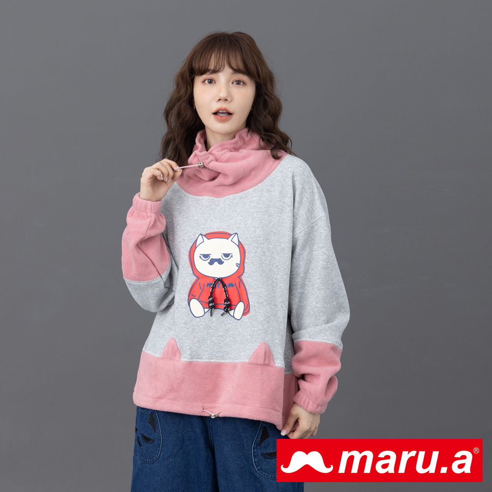【maru.a】穿著帽T的miru🐱抽繩立領造型手繪印花刷毛上衣(2色)-淺灰 23921233