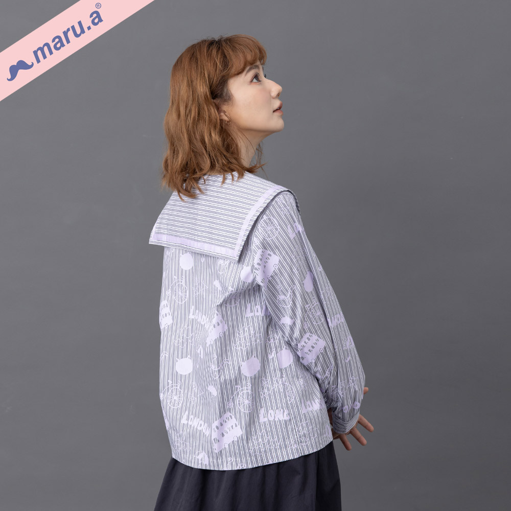 【maru.a】倫敦風情🌂可愛手繪圖樣滿版印花翻領直條紋襯衫(2色)-淺灰 23923123