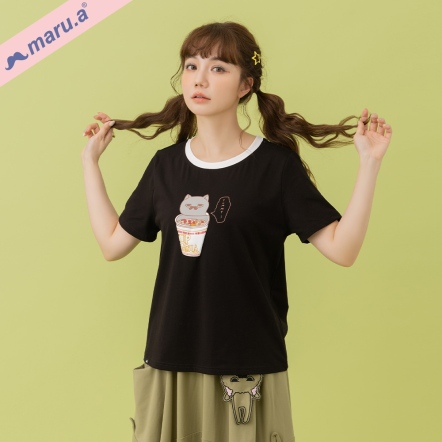 【maru.a】⚡俏皮手繪點陣感印花連袖條紋上衣(2色)-黑色 25331201