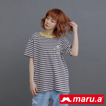 【maru.a】調皮魔術師mitu🎩亮色手繪刺繡條紋滾邊T(2色)-深灰 23931311