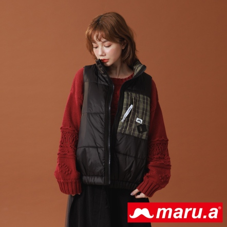 【maru.a】暖冬必備撞色格紋造型鋪棉背心(2色)-黑色 22912212