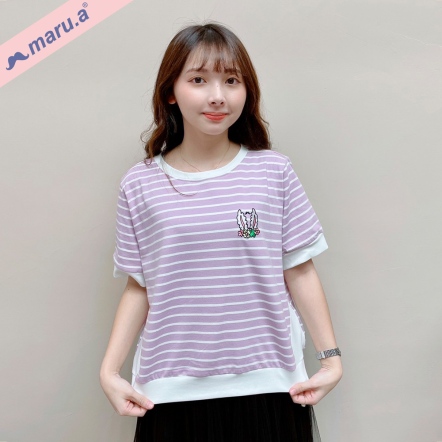 【maru.a】幸運咪兔🐰手繪刺繡繽紛印花細條紋剪裁上衣(2色)-淺紫 24321222