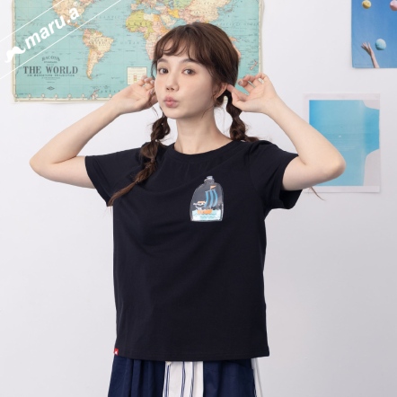 【maru.a】是的.ᐟmiru船長可愛撞色手繪印花經典T🧭(2色)-黑色 24921201