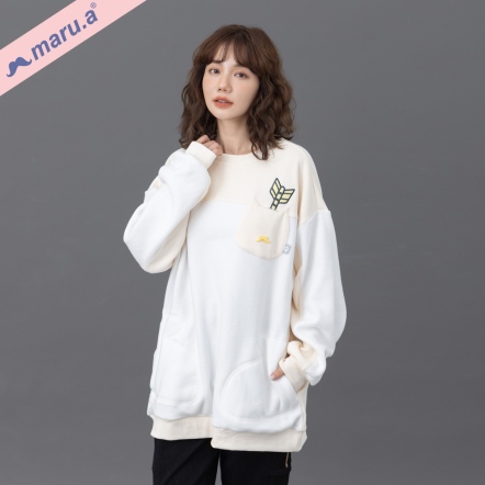【maru.a】友誼長存💕手繪印花撞色拼接口袋造型刷毛T(2色)-米白 23921314