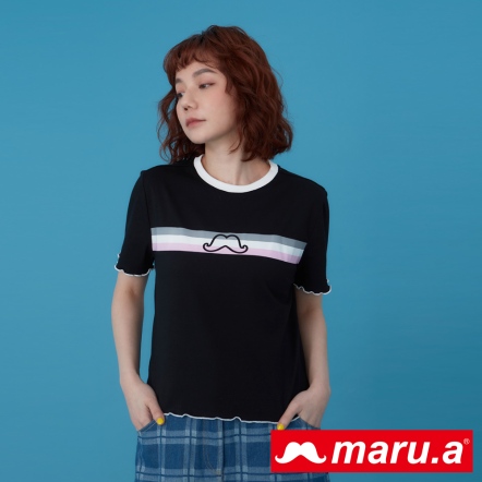 【maru.a】俏皮彩虹🌈木耳邊鮮豔撞色包邊上衣(2色)-黑色 23311221