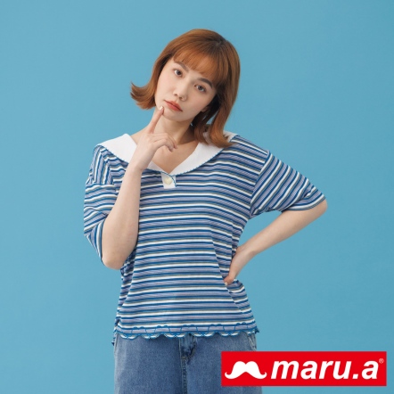 【maru.a】心臟爆擊💓愛心水手領刺繡下擺條紋線條上衣(2色)-深藍 23311228