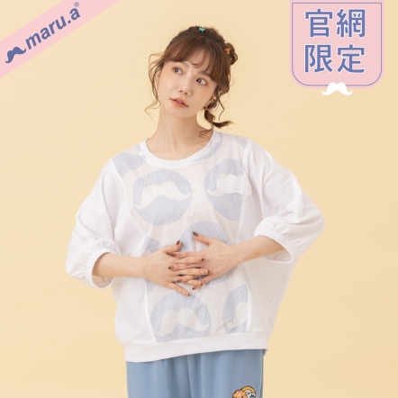 【maru.a】官網限定-滿版鬍子氣質連袖拼接設計蓬袖上衣🎀(2色)-白色 24383111