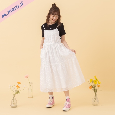 【maru.a】雲朵小花滿版燒花假兩件式綁結長洋🌼(2色)-黑色 24327114