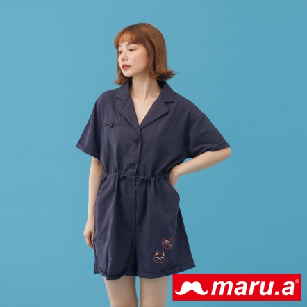【maru.a】開心miru😸手繪撞色刺繡襯衫連身短褲(4色)-深藍 23347111