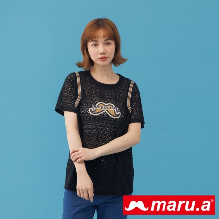 【maru.a】可愛生活🌱簍空蕾絲活潑撞色壓印造型上衣(2色)-黑色 23333113