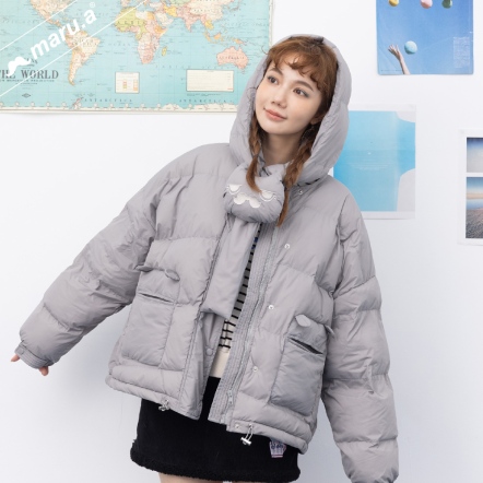 【maru.a】小饅頭miru😺可愛可拆式連帽圍巾鋪棉抽繩外套(2色)-淺灰 24912215