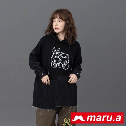 【maru.a】喵兔口味軟糖🌈拼接單寧長版刷毛連帽上衣(2色)-黑色 23911313
