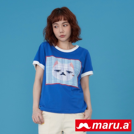【maru.a】拼圖miru🧩搶眼立體印花撞色包邊棉T(2色)-深藍 23311219